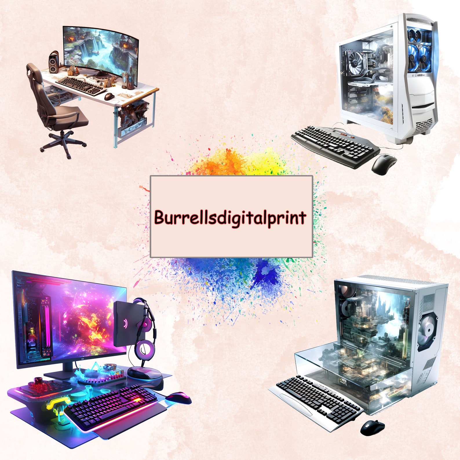 Gaming Computer Clipart PNG Bundle, Watercolor Digital Scrapbooking ...