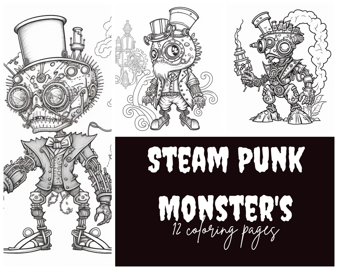 12 Pack Stress Relief Coloring Page, Steam Punk Adorable Monster ...