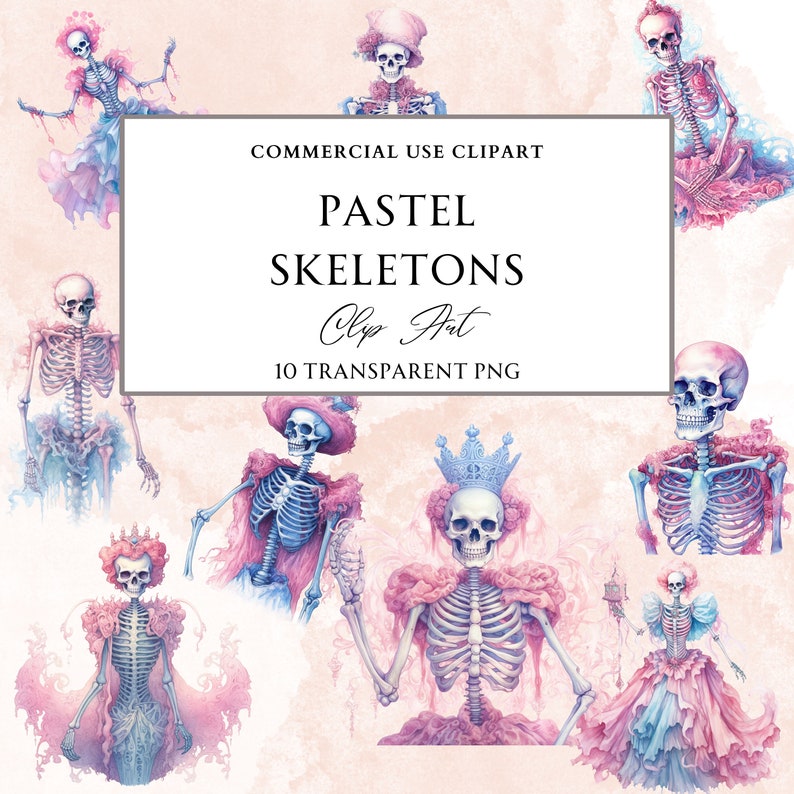 Pastel Skeleton Clipart Bundle, Clipart for Commercial Use, Transparent ...