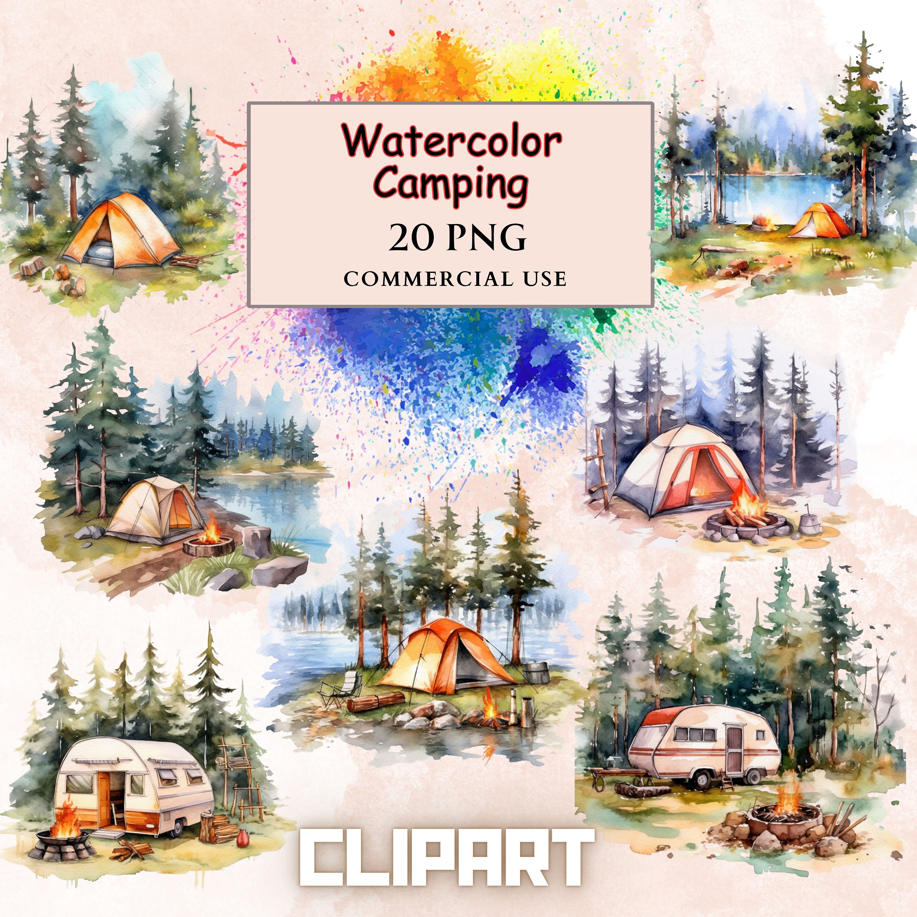 Watercolor Camping Clipart PNG Bundle, Watercolor Digital Scrapbooking ...