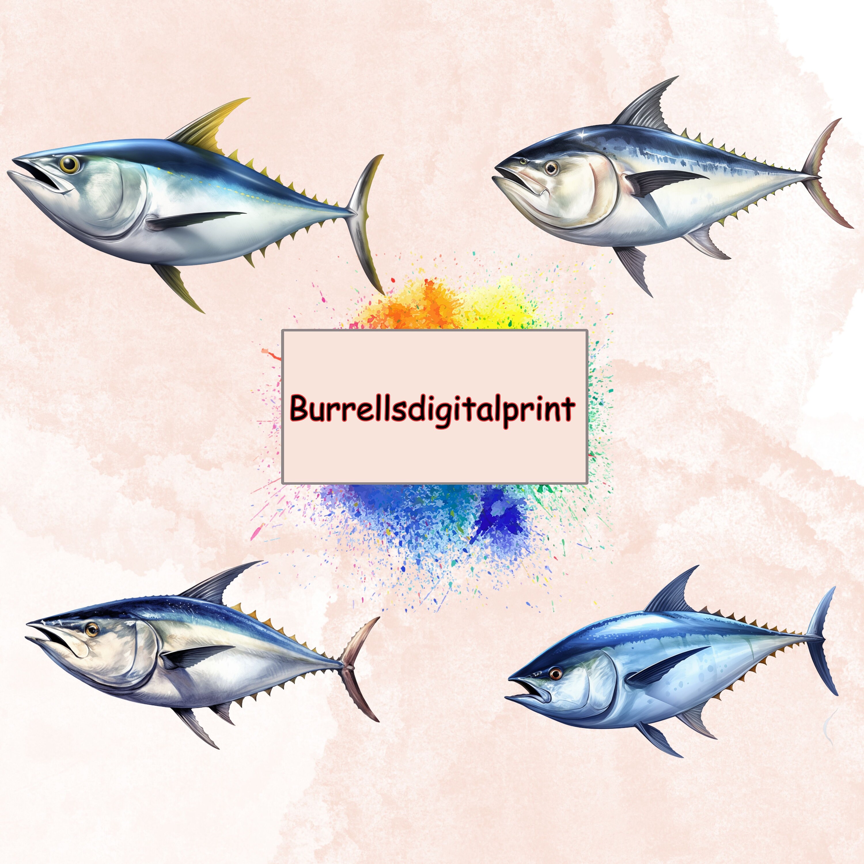 Watercolor Tuna Clipart Bundle, Digital Scrapbooking Elements, Fish ...