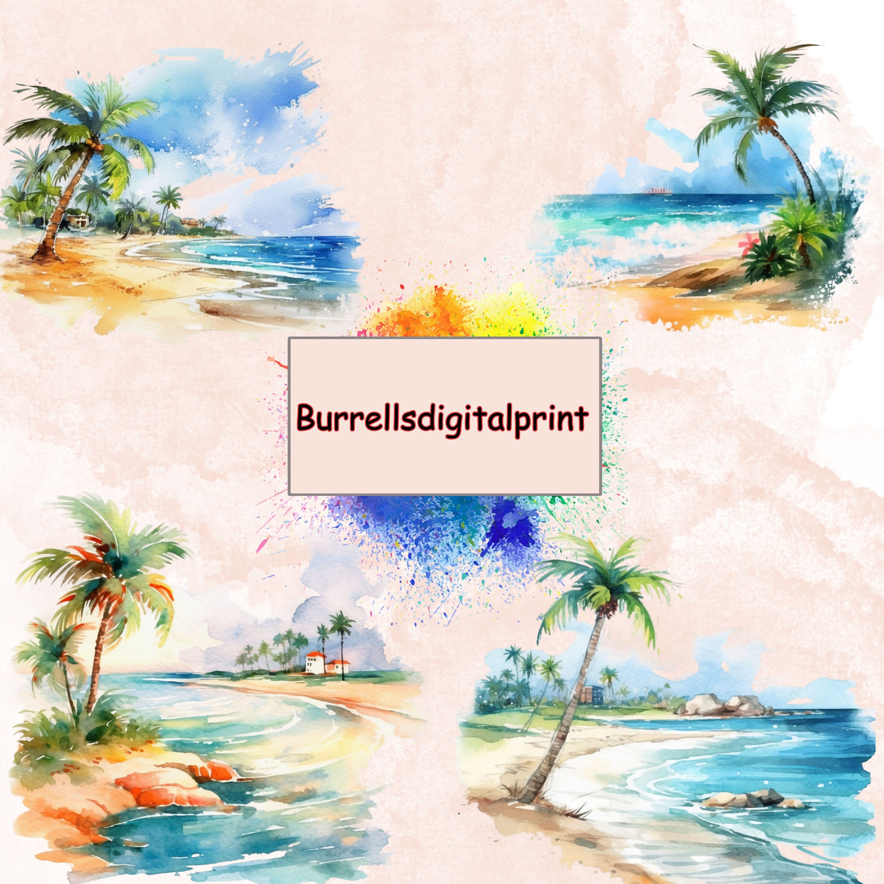 Watercolor Beach Clipart PNG Bundle, Watercolor Digital Scrapbooking ...