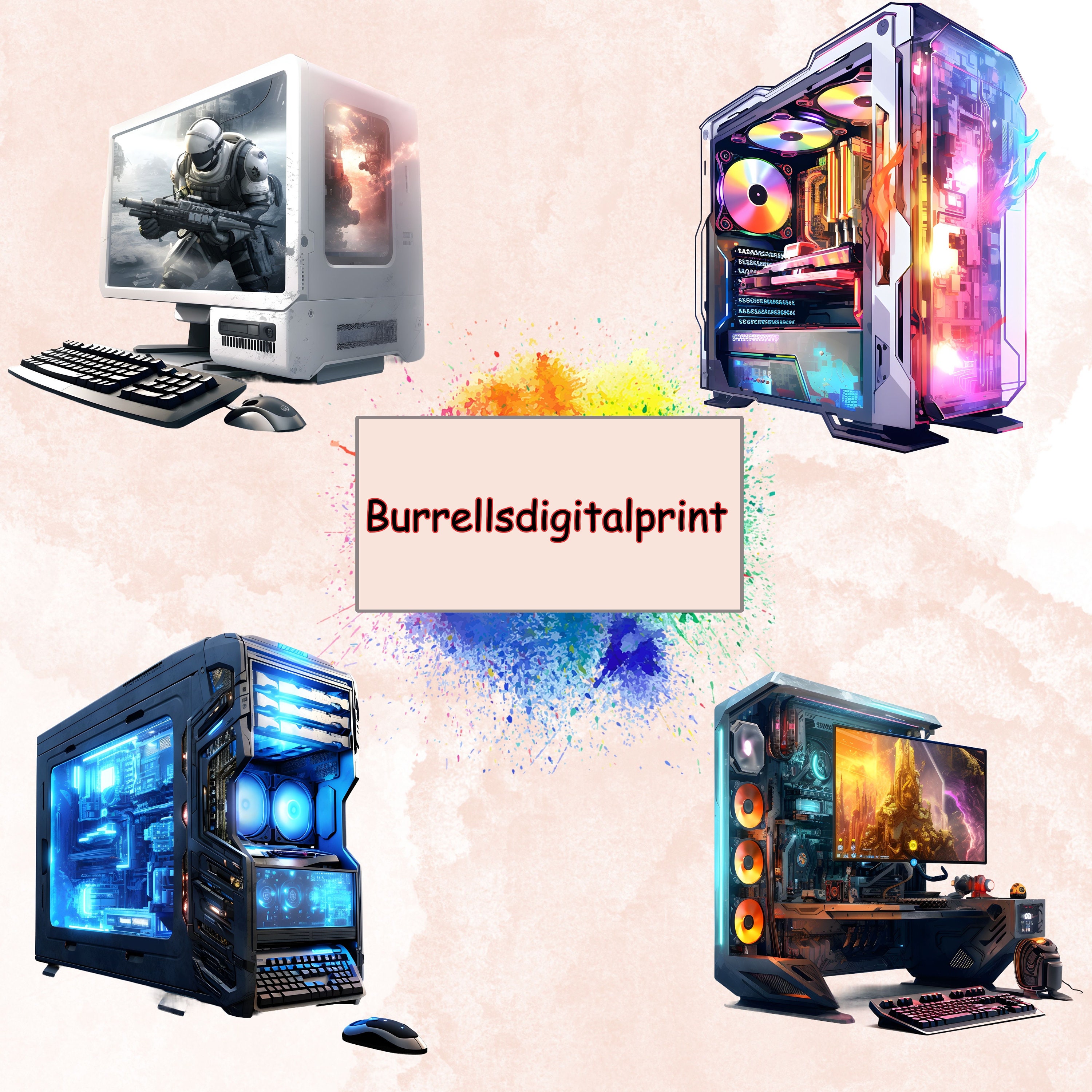 Gaming Computer Clipart PNG Bundle, Watercolor Digital Scrapbooking ...