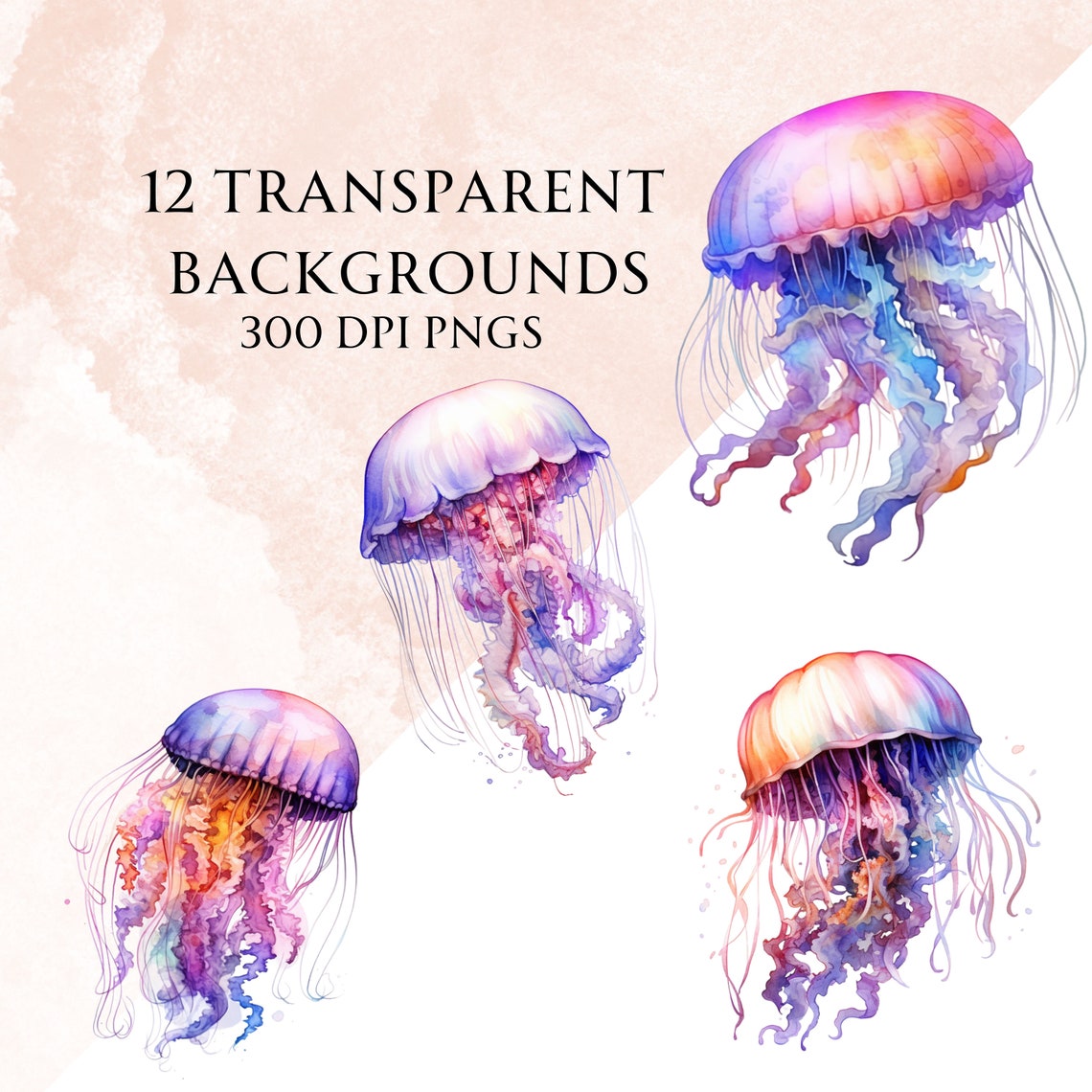 Watercolor Jellyfish Clipart PNG Bundle, Watercolor Digital ...