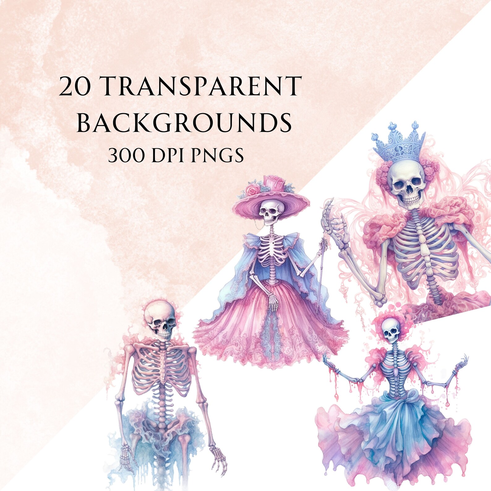 Pastel Skeleton Clipart Bundle, Clipart for Commercial Use, Transparent ...