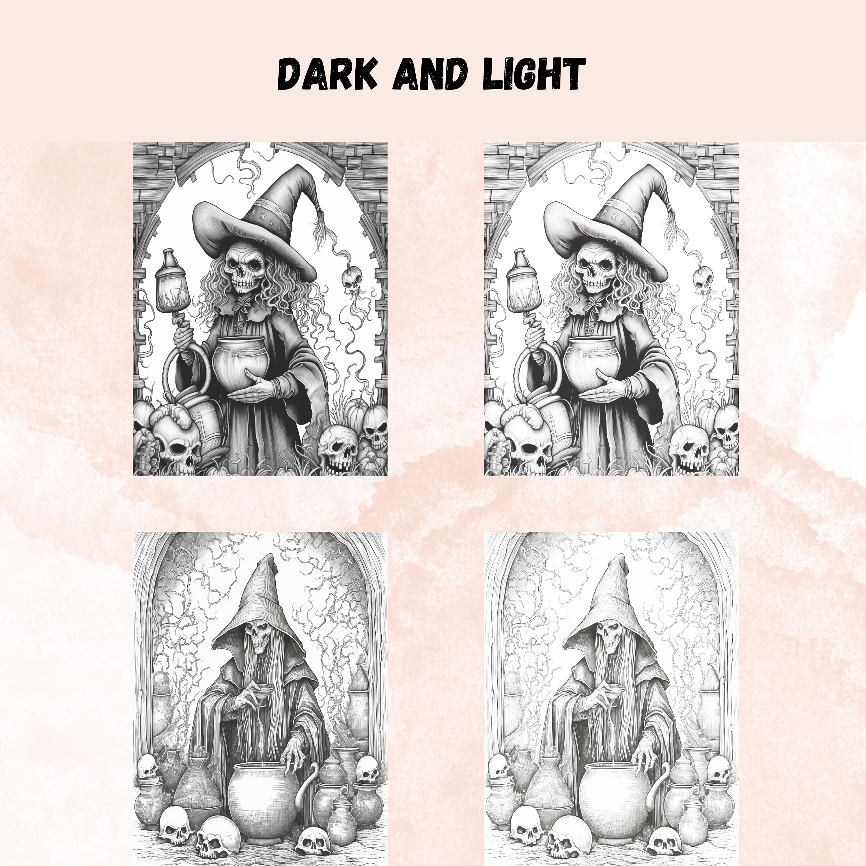 25 Halloween Witch Grayscale Coloring Page, JPEG/PDF Format, Instant ...