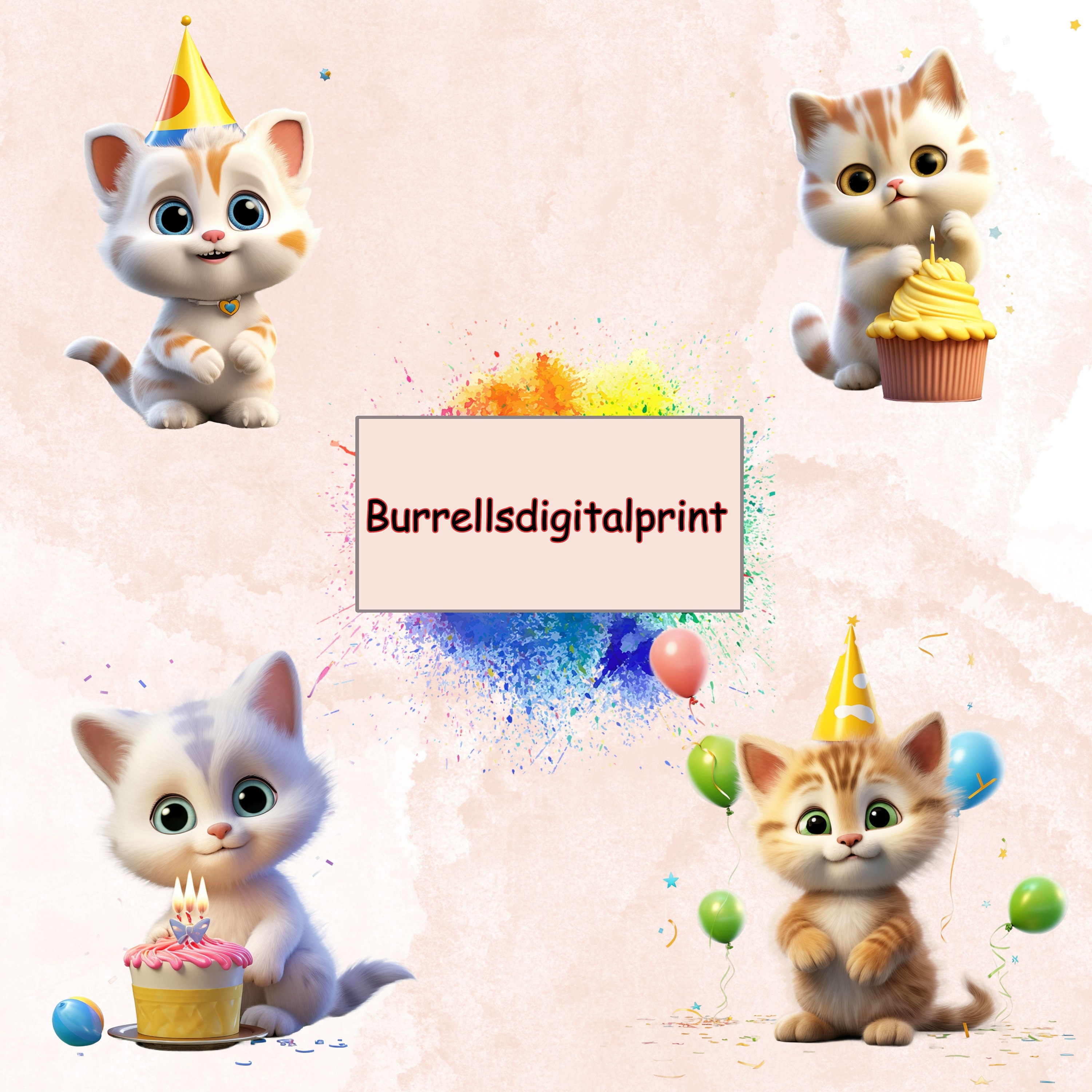 Cute Cat Birthday Clipart: Kids' DIY, Decor, Party, Commercial Use, PNG ...
