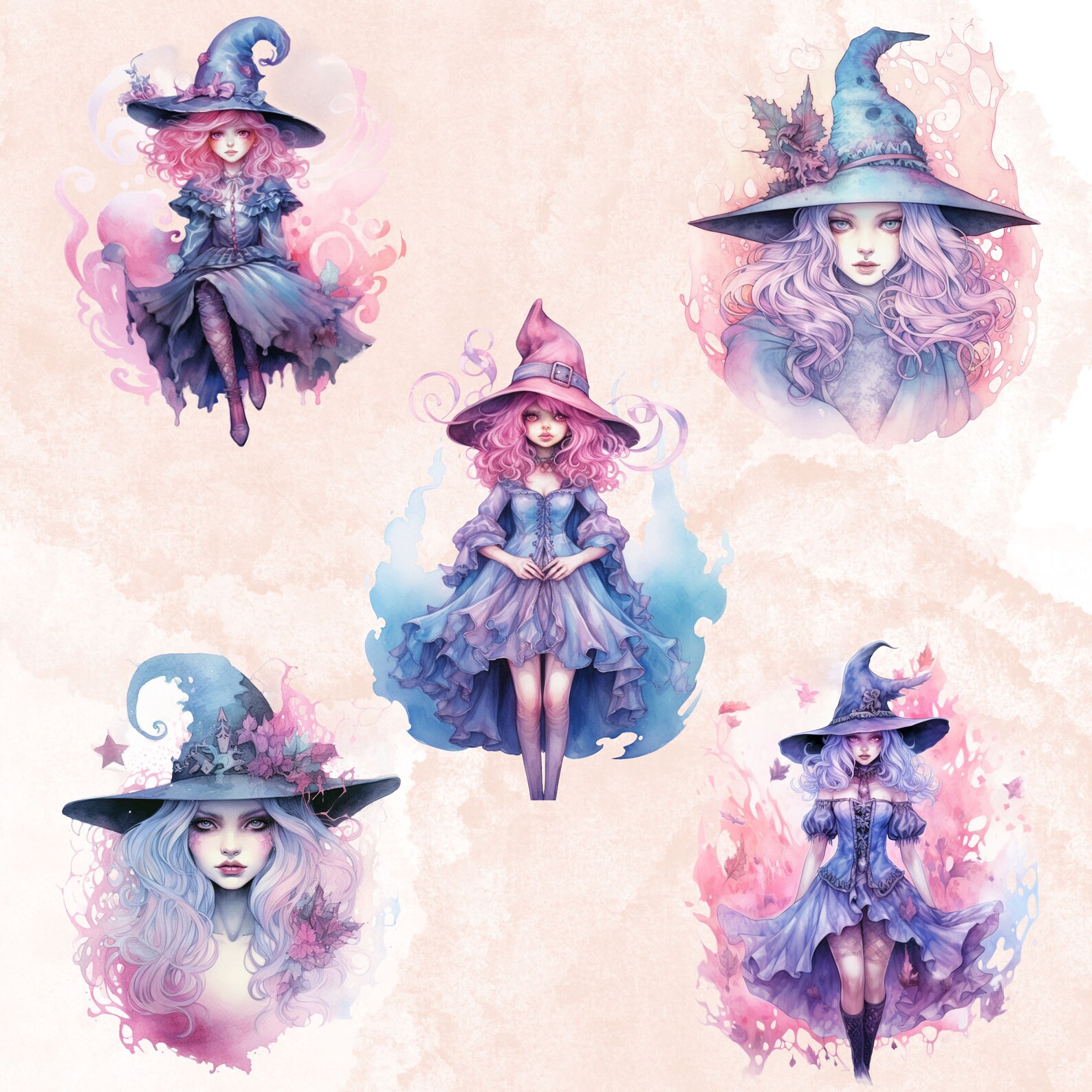 Pastel Witches Clipart Bundle, Clipart for Commercial Use, Transparent ...