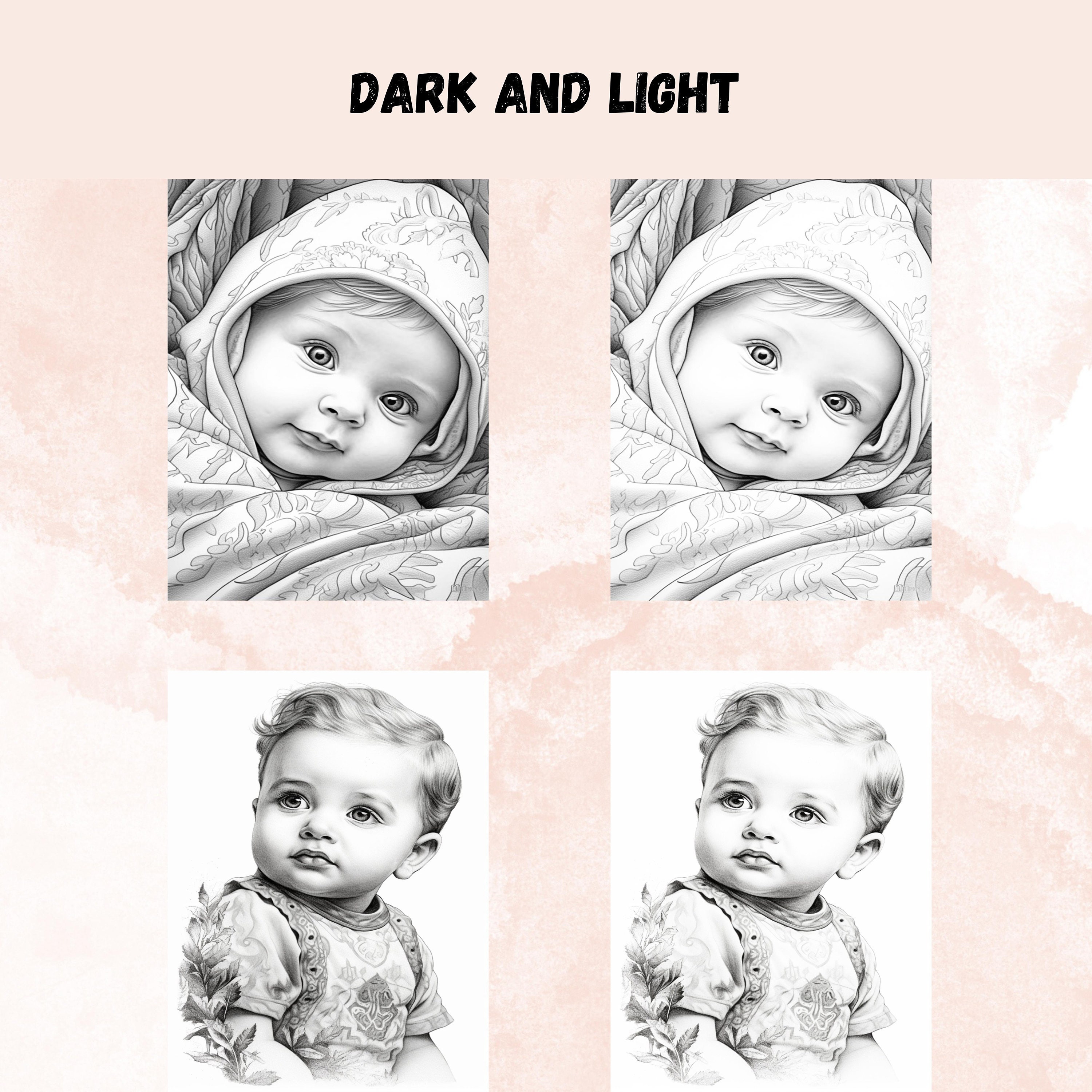 25 Baby Portraits Grayscale Coloring Page, JPEG/PDF Format, Instant ...