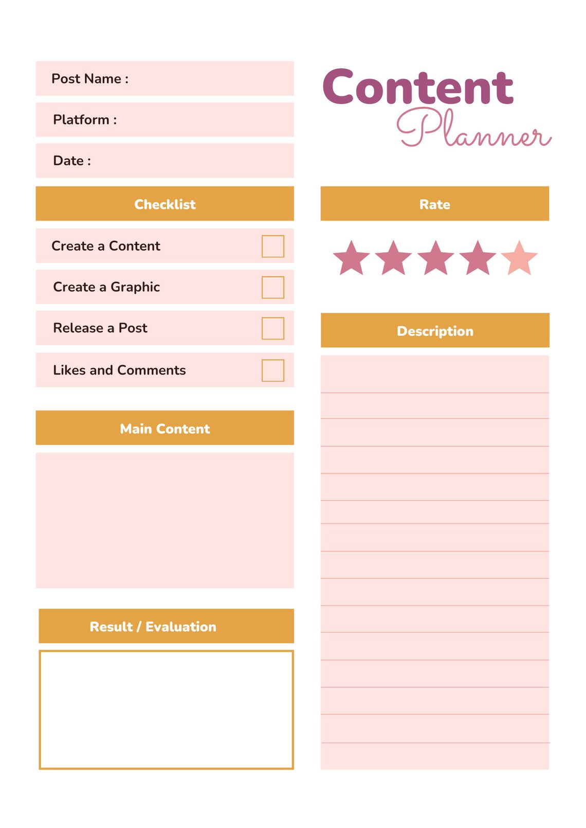 Social Media Content Tracker, Planner Pages, Printable, Planner ...