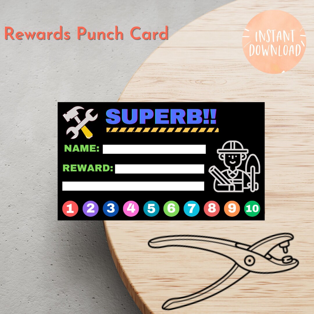 Kid Reward Card, Construction Punch Card Reward System, Reward Punch ...