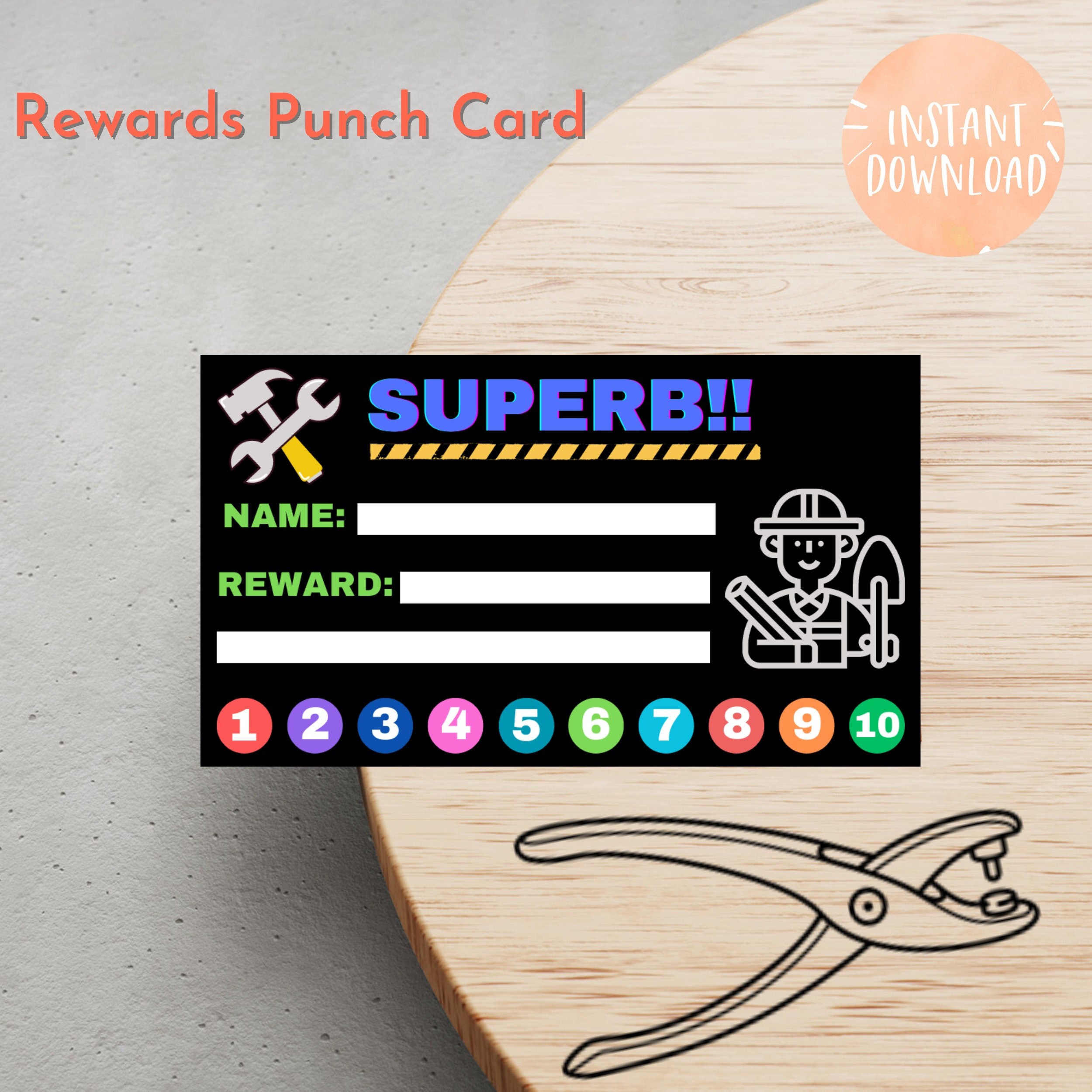 Kid Reward Card, Construction Punch Card Reward System, Reward Punch ...