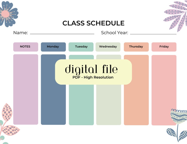 Printable Class Schedule, Download Class Schedule, Class Schedule ...