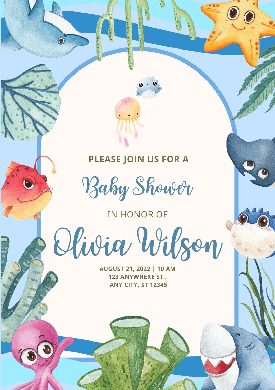 EDITABLE Sea Theme Baby Shower Invitation, Fish Baby Shower Invite ...