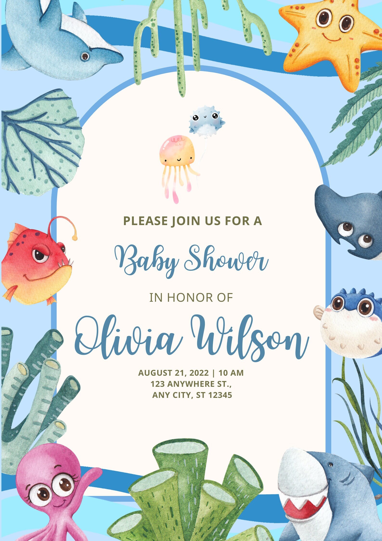 EDITABLE Sea Theme Baby Shower Invitation, Fish Baby Shower Invite ...