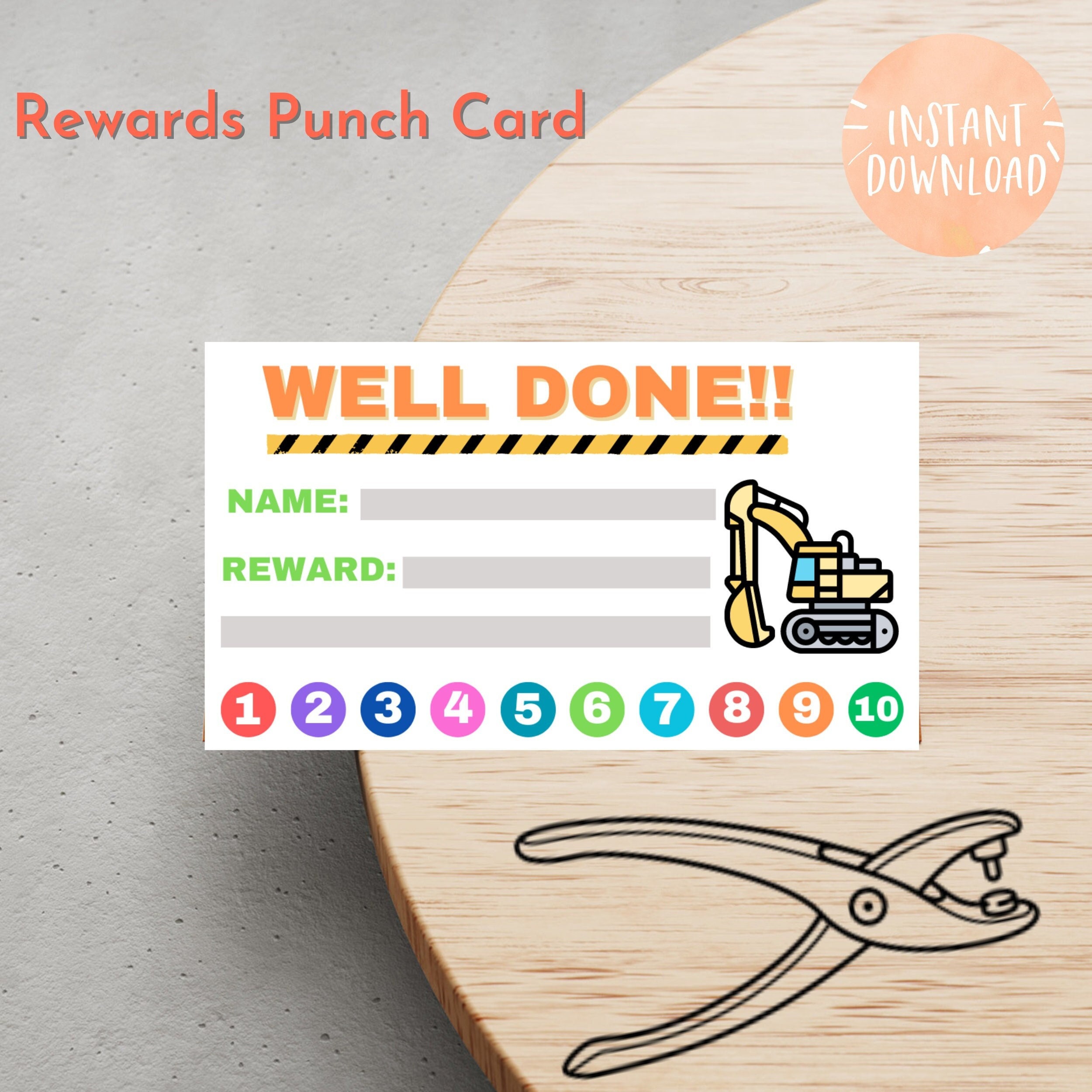 Kid Reward Card, Construction Punch Card Reward System, Reward Punch ...