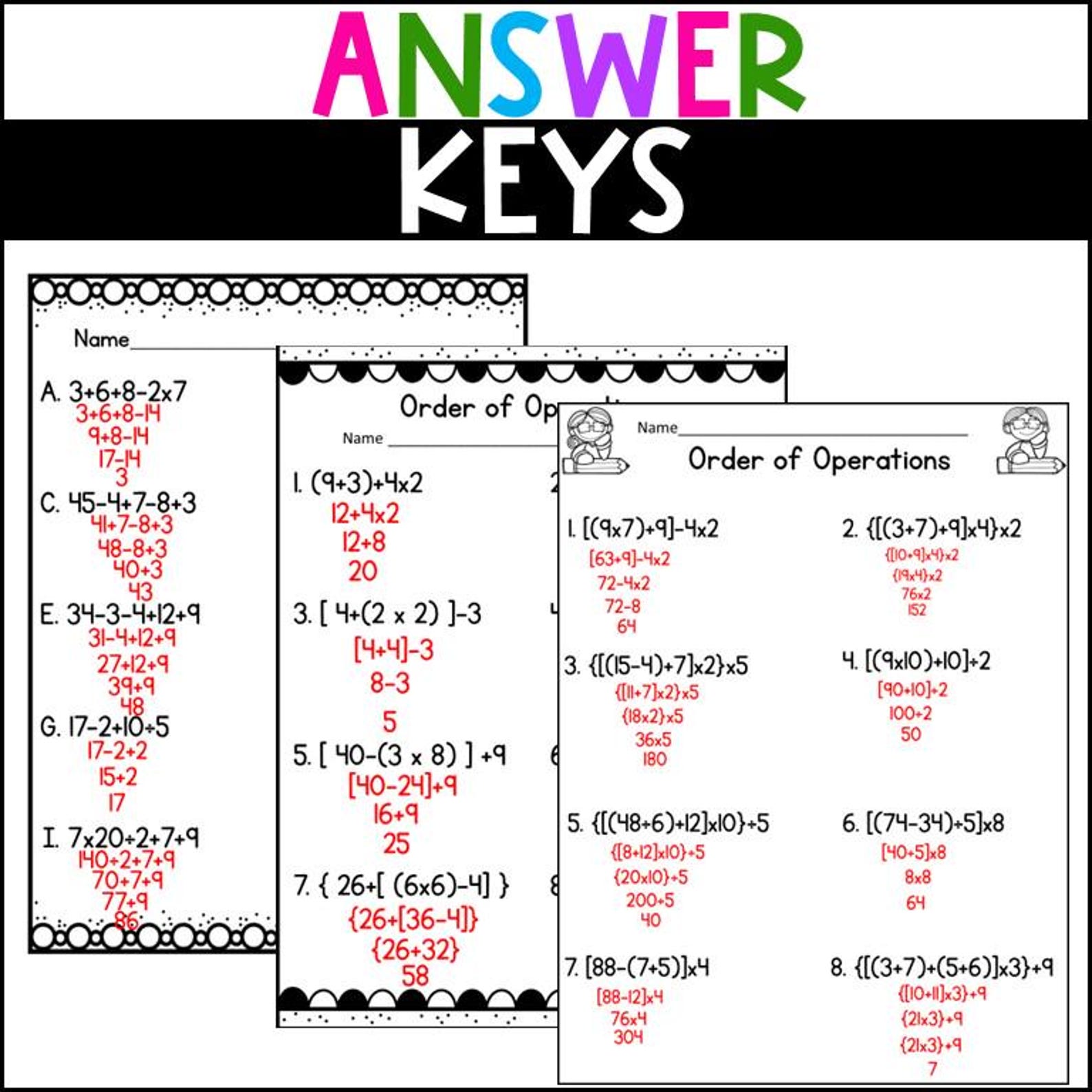 Order of Operations Worksheets and Poster With and Without Brackets and ...