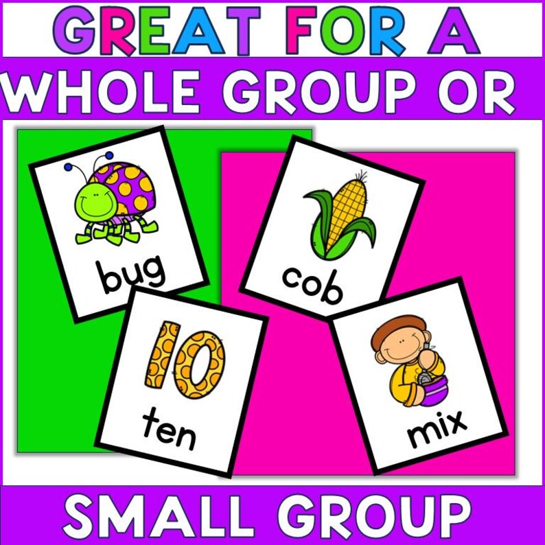 CVC Words Flashcards and Short Vowels Activity With Pocket Chart Cards ...