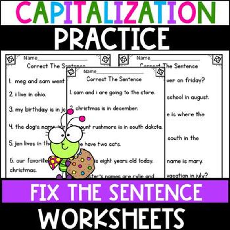 Capitalization Worksheets Correct the Sentence Practice Activity - Etsy