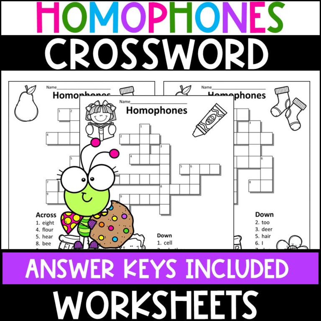 Homophones Worksheets Crossword Puzzle Activities ELA Grammar 2nd 3rd ...
