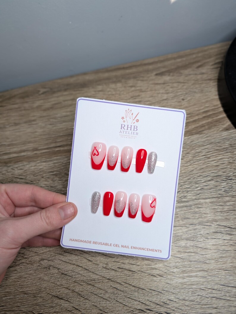 Pre Made Valentine's Day Press on Nails | Red Glitter French Tip ...