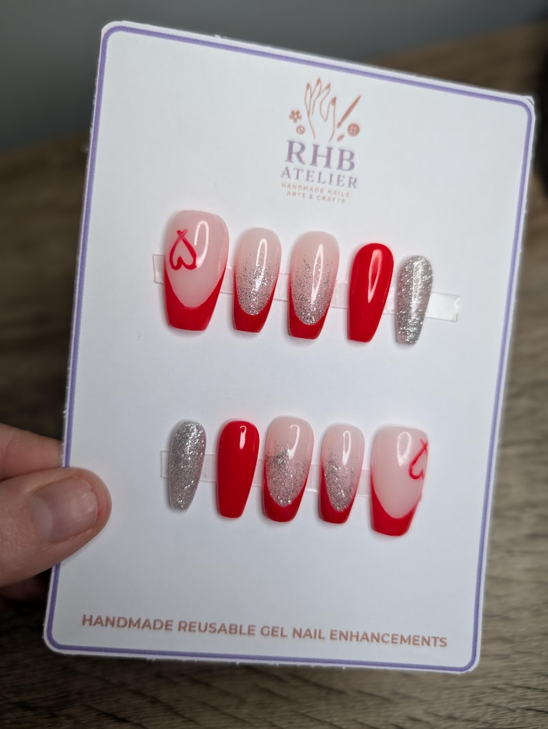 Pre Made Valentine's Day Press on Nails | Red Glitter French Tip ...