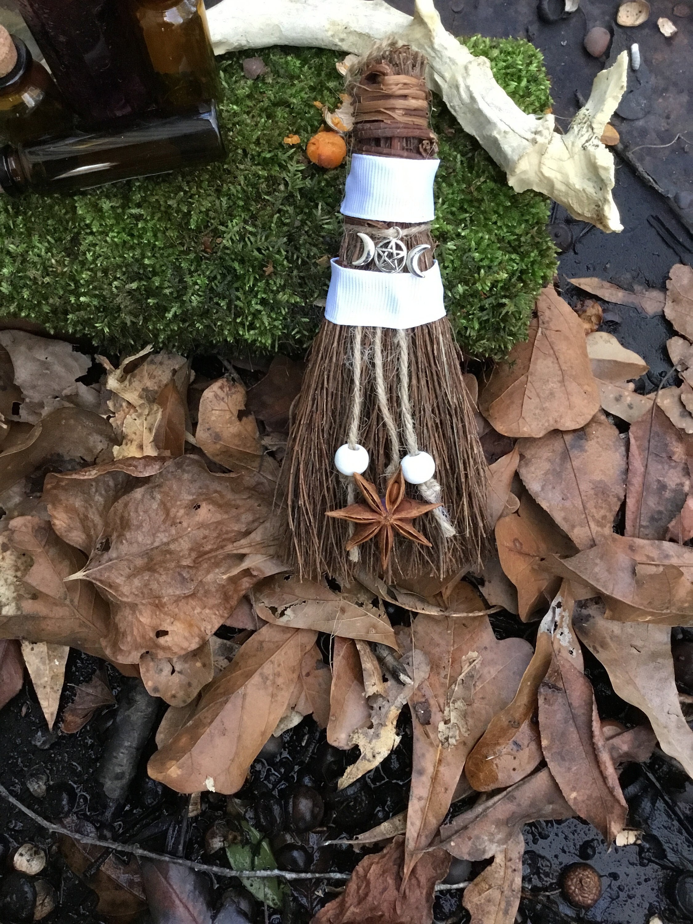 Small Triple Moon Goddess Besom, Eucalyptus Scented With White Beads ...