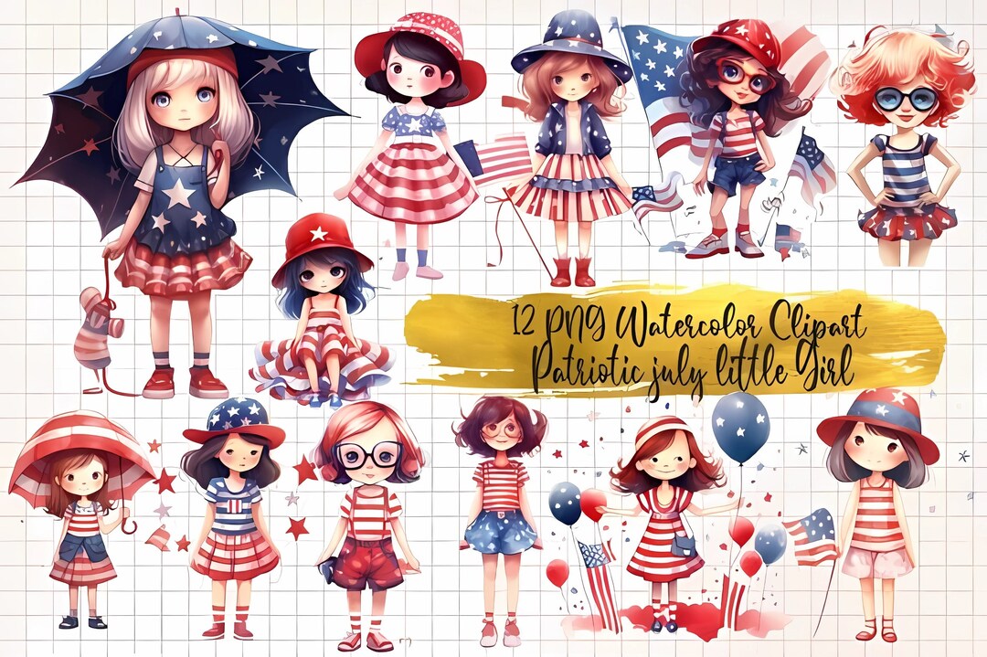 Watercolor Patriotic Little Girl 4th of July Clipart - Etsy
