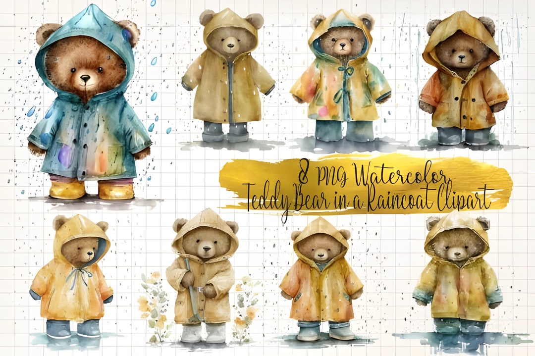 Teddy Bear in a Raincoat Watercolor Clipart - Etsy