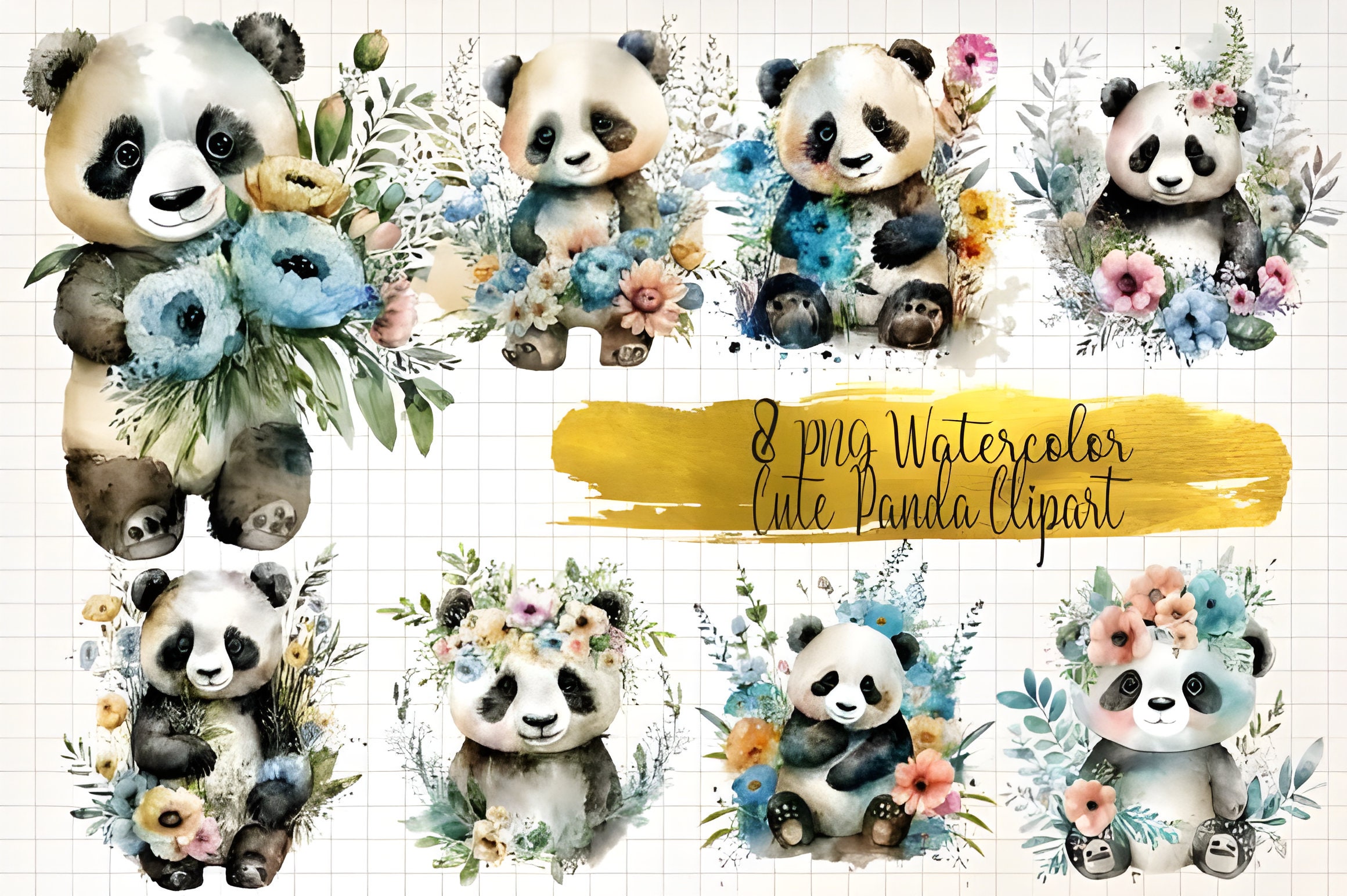 Panda Flower Watercolor Clipart - Etsy
