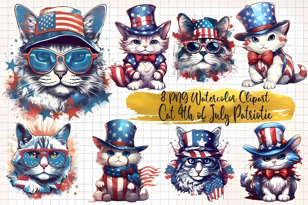 Watercolor Patriotic Cats 4th of July Clipart - Etsy