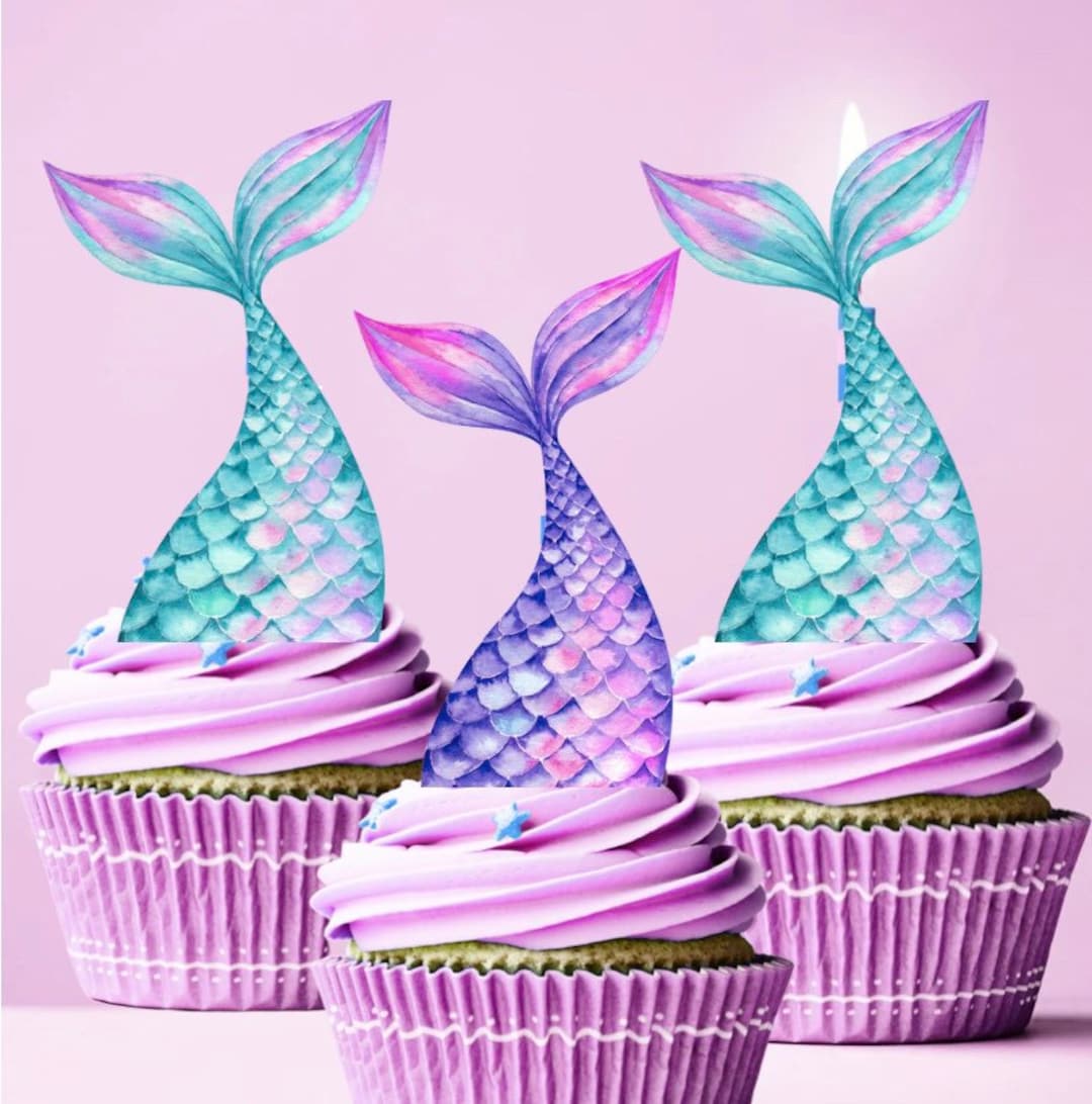 Mermaid Tails Cupcake Toppers Cut out Edible Wafer Beach Party Princess ...