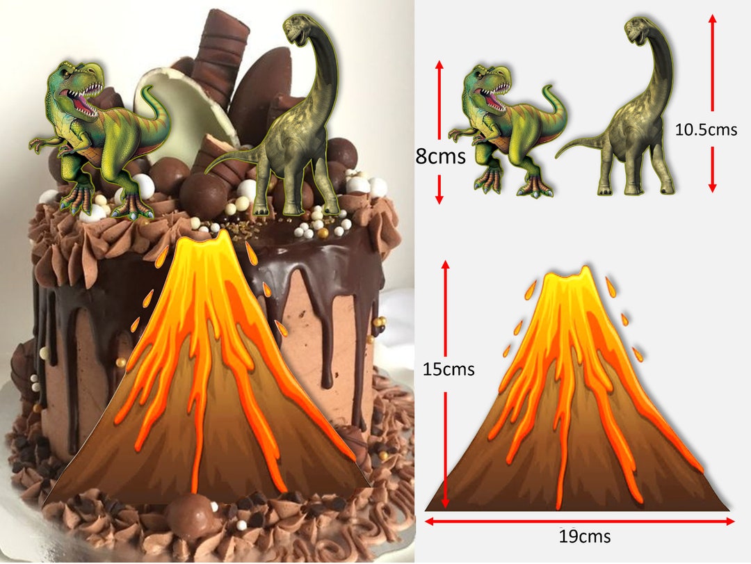 Dinosaur Cake Topper T-rex Volcano Cake Icing Image Decoration Cake Cut ...