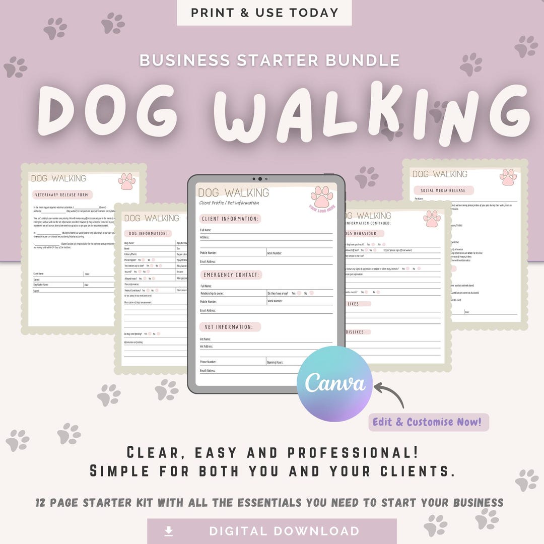 Dog Walking Business Forms Bundle: Editable Canva Templates (digital ...