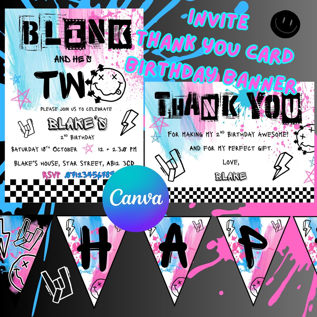 Pop Punk Birthday Party Bundle – “blink & He’s 2” | Editable Canva ...