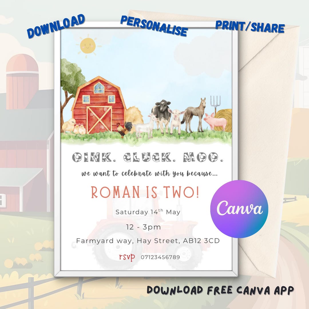 Editable Farmyard Birthday Invitation | Canva Template | Digital ...