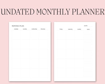 Undated Monthly Planner Printable, Month on Two Pages, Month at a ...