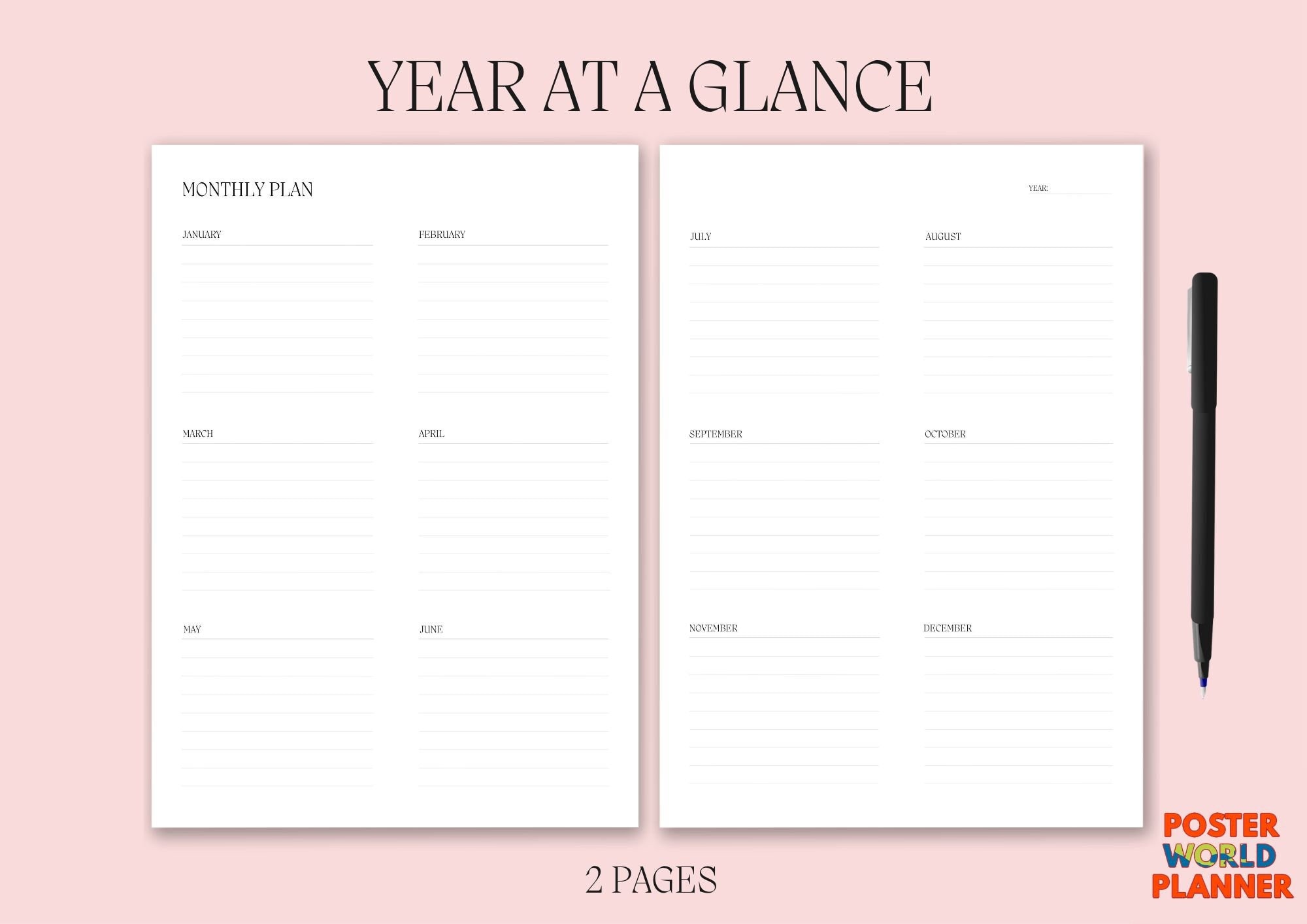 Year at a Glance, Two Page Yearly Planner Printable, 12 Month Overview ...