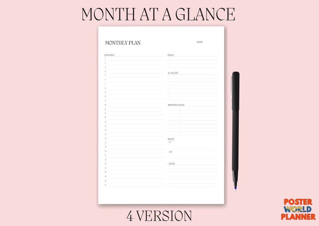 Month at a Glance - Monthly Goals, Monthly to Do List, Important Dates ...
