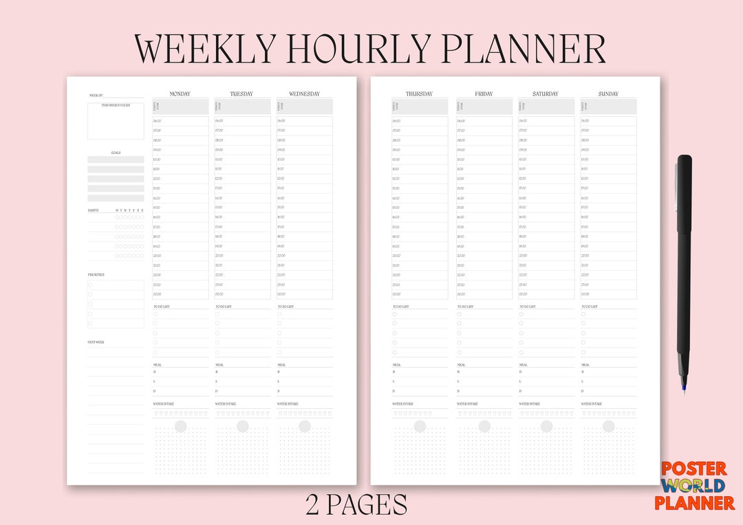 Weekly Planner, Weekly Hourly Planner, Weekly Schedule, Weekly Agenda ...