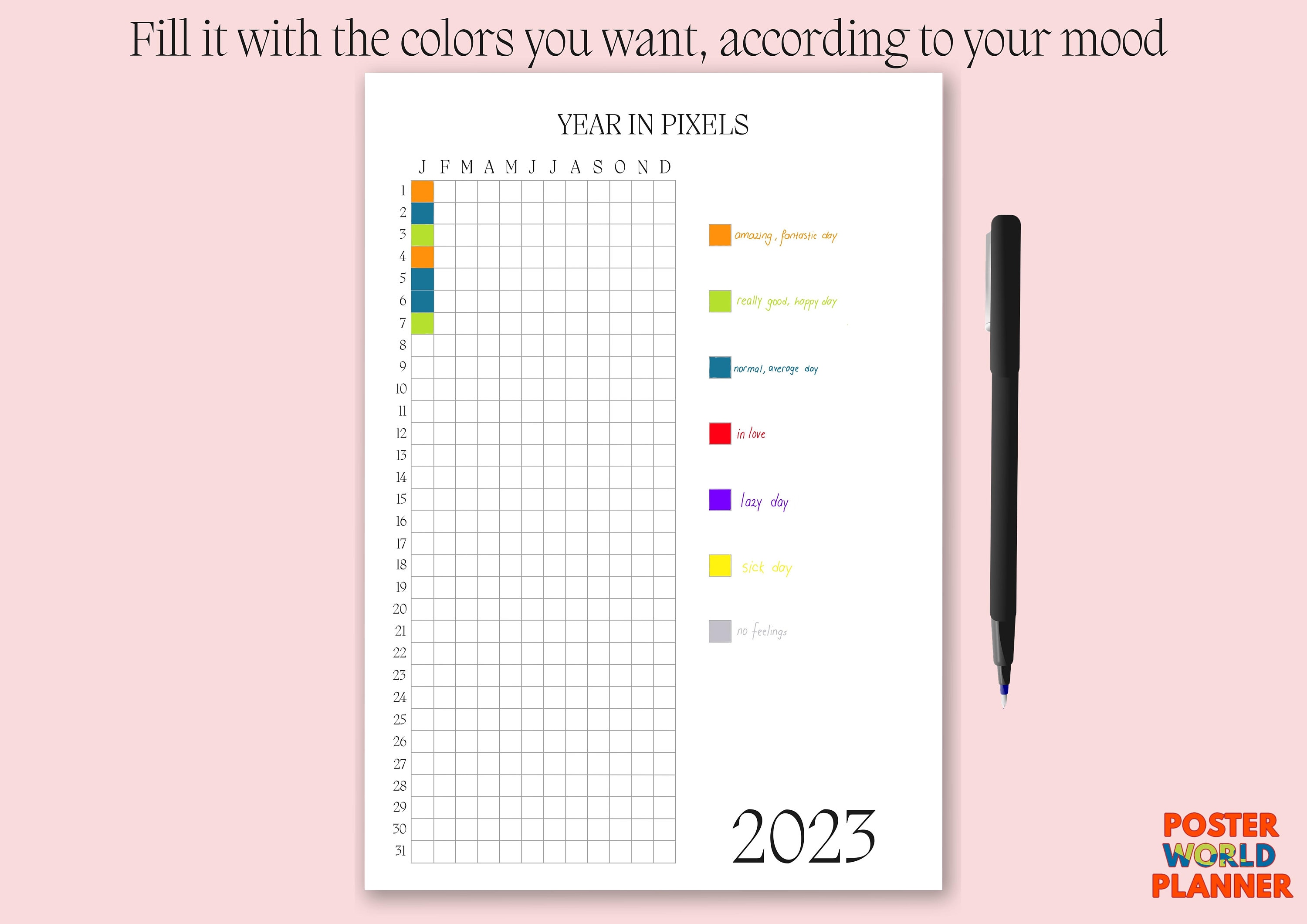 Year in Pixels Printable, Yearly Mood Tracker, Year in Pixels Template ...