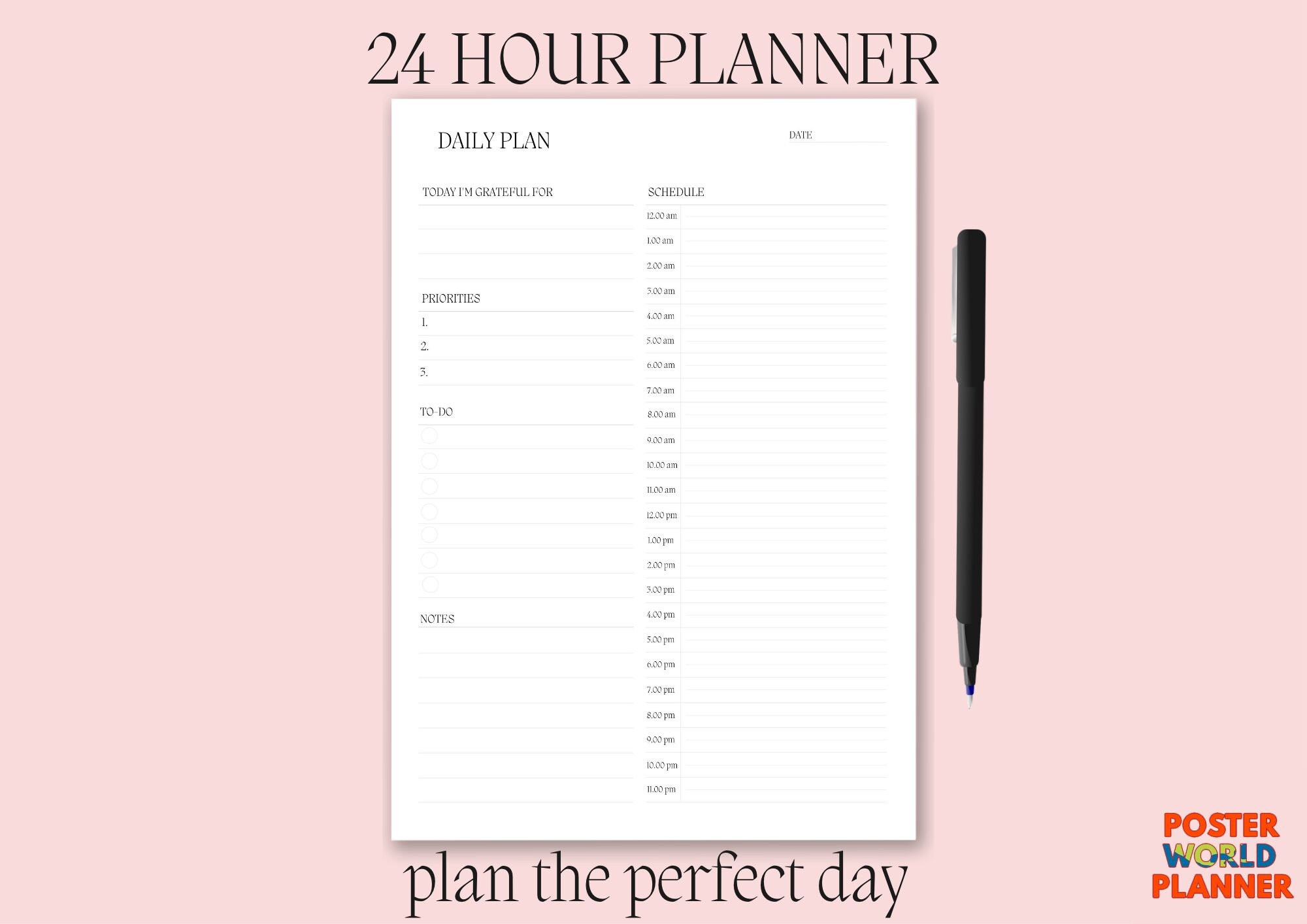 24 Hour Daily Planner Printable, Daily to Do List for Work / Personal ...