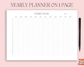Printable Yearly Planner on 1 Page Landscape, Year at a Glance ...