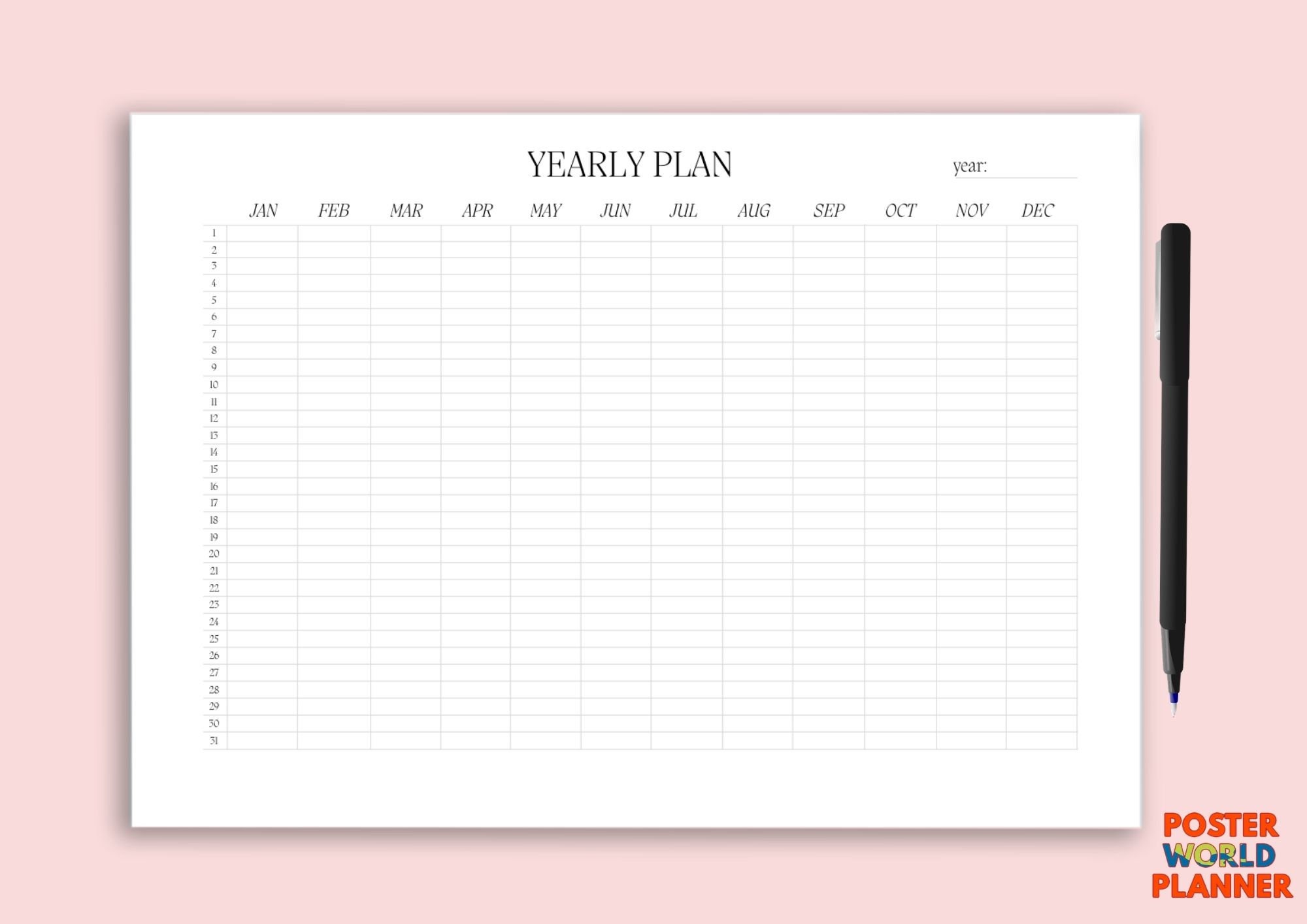 Yearly Planner on 1 Page Landscape, Year at a Glance, Calendar Template ...