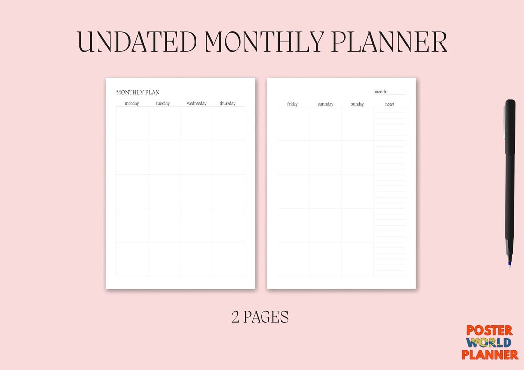 Undated Monthly Planner Printable, Month on Two Pages, Month at a ...