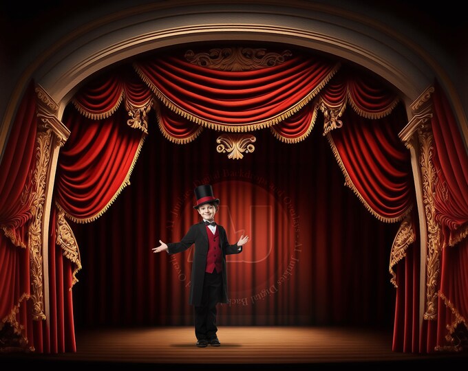 Digital Backdrop of a Theatre Stage With Curtains and Confetti Overlay ...