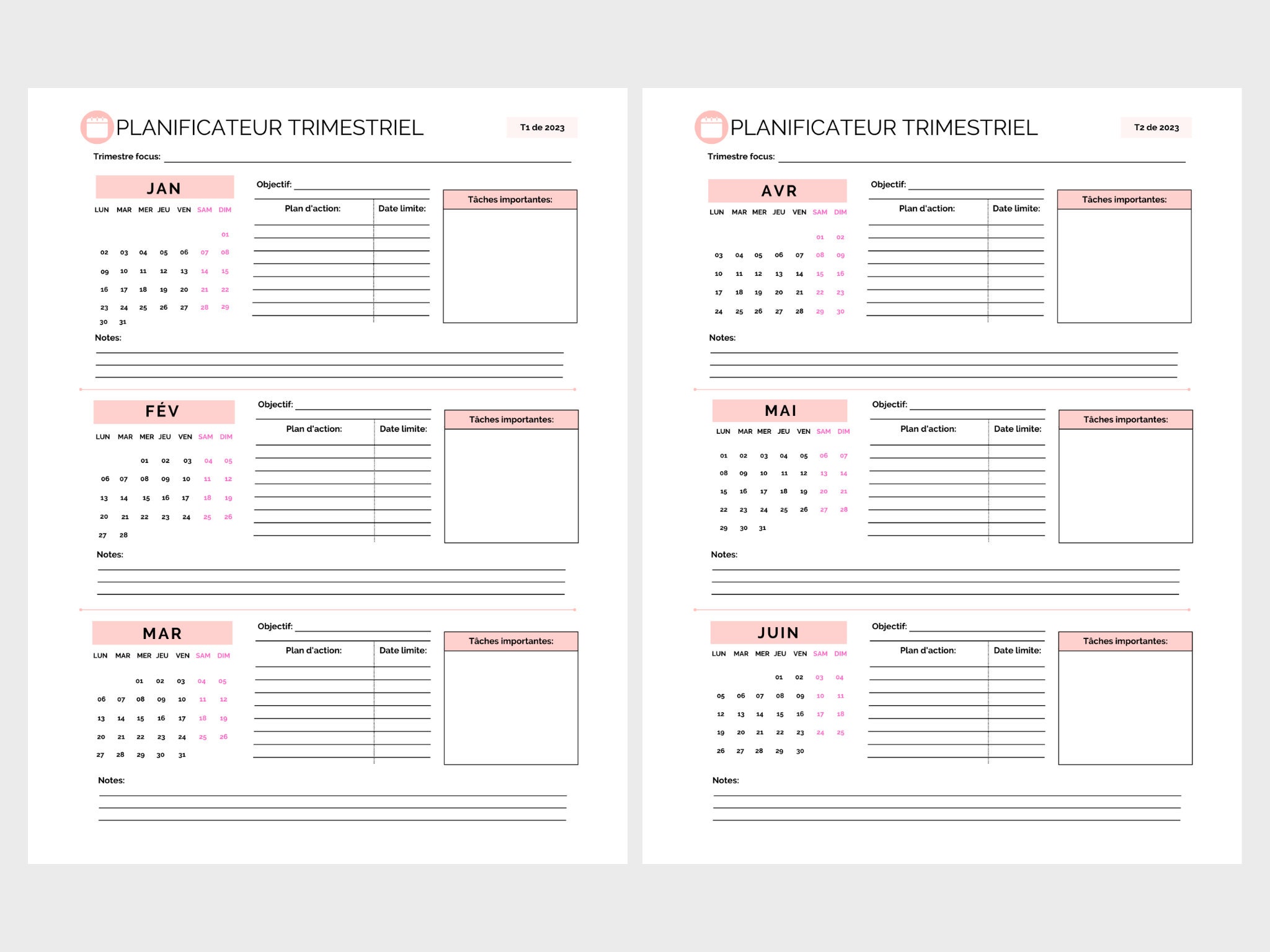 Planificateur trimestriel, suivi des objectifs, Agenda et calendrier ...