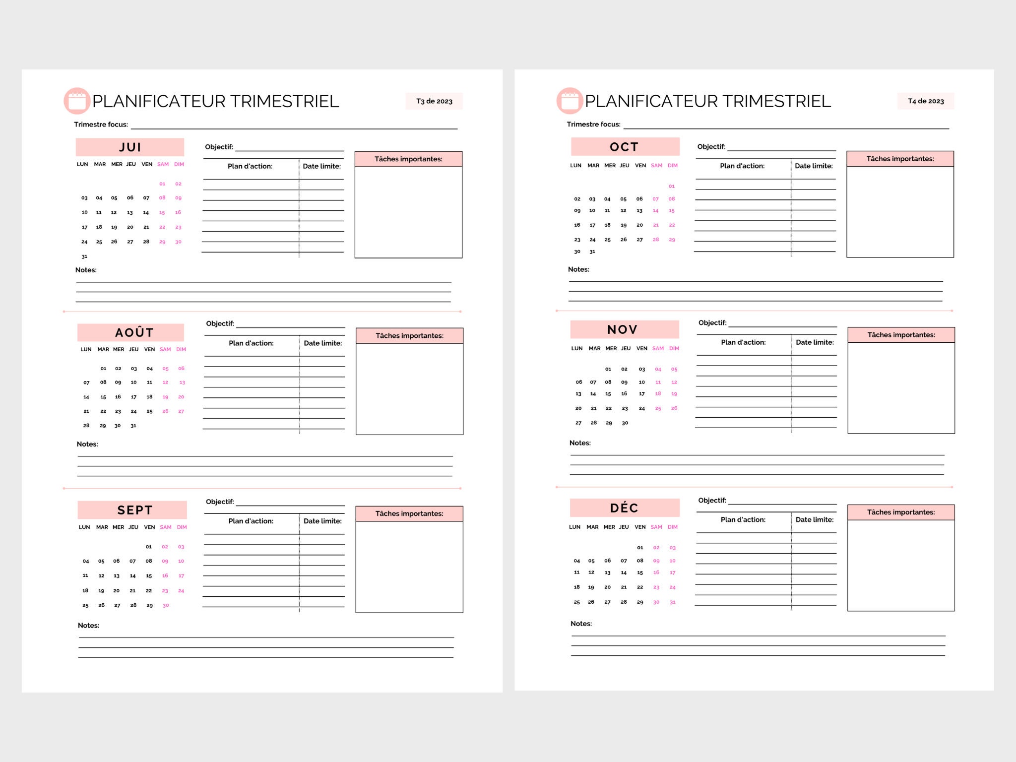Planificateur trimestriel, suivi des objectifs, Agenda et calendrier ...