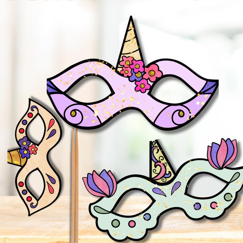 DIY Printable Kindergarten Classroom Mardi Gras Unicorn Masks on Stick ...