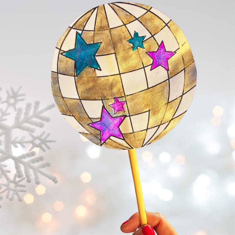 Printable New Years Eve Disco Ball Coloring Stick Craft for Kids | New ...